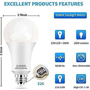 LEDERA 150 Watt LED Light Bulbs, Daylight White 5000K, 2500 Lumens Super Bright LED Bulbs, E26 Base, A21 LED Bulbs 23W Energy Saving, Non-Dimmable Bulbs for Living Room Bedroom Garage Office, 12 Packs