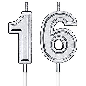 16th Birthday Candles Cake Numeral Candles Happy Birthday Cake Candles Topper Decoration for Birthday Wedding Anniversary Celebration Supplies (Silver)