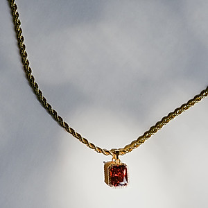 Baguette Stone Rope Necklace Roman Rope Statement Necklace | Gold Rope Chain Baguette Pendant Necklace | 18K Gold Plated Chain 20''-22'' Adjustable (Ruby CZ)