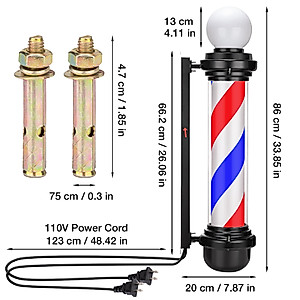 Noverlife 34in Barber Pole LED Sign, Barber Shop Pole Red Blue White Stripes Light, Classic Hair Salon Open Sign, Traditional Barbershop Ideas Wall Mount Rotating Light Waterproof Save Energy Lamp