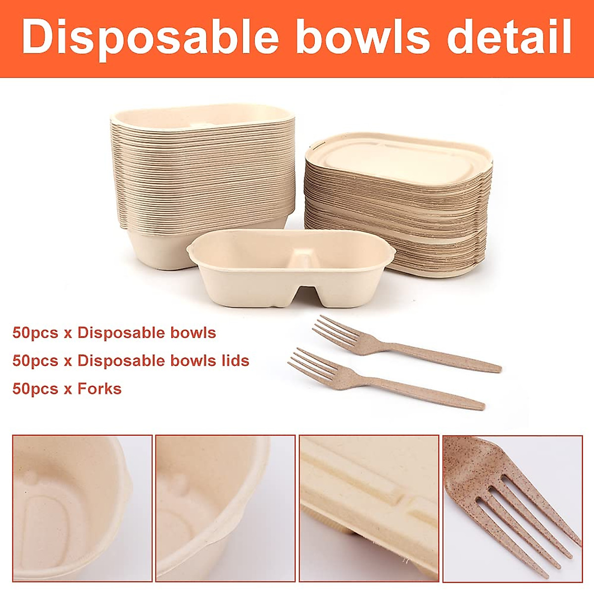 50Pcs Disposable Bowls with Lids and Forks,2 Compartment Paper Pulp Compostable Food Storage Container,Biodegradable Disposable Bowls Leakproof and Microwave Safe,for Hot/Cold Use