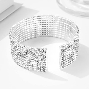 Ecesha Sparkly Silver Simple 10 Rows Rhinestone Crystal Cluster Wide Arm Cuff Bracelet Wedding Jewelry for Women Bridal Gift for Formal Prom Party