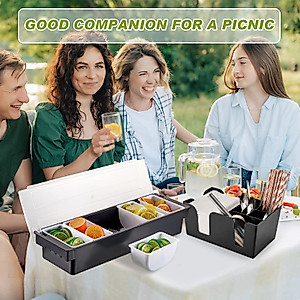 Nuanchu Ice Cooled Condiment Serving Container Bar Caddy Stainless Steel Scoop for Ice 3 Pcs Serving Tongs 3 Pcs Appetizer Forks 3 Pcs Spoons 24 Pcs Bottle Pourers Tapered Spout (6 Compartments)