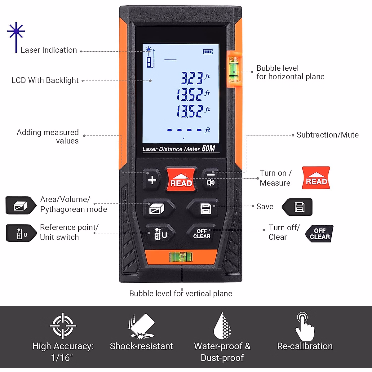 Laser Measure Mute Distance with 2 Bubble Levels, Measure Distance, Area and Volume HD50
