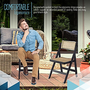 ISL Furnishings Ibiza Rattan Folding Chair, Deep Black Set of 2 – Modern Foldable Rattan Chairs for Outdoor Dining, Patio, Accent Chair for Living Room and Office, Space-Saver Design