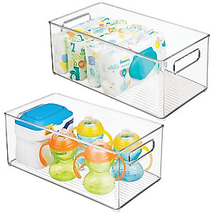 mDesign Deep Storage Organizer Container for Kids/Child Supplies in Kitchen, Pantry, Nursery, Bedroom, Playroom - Holds Snacks, Bottles, Baby Food, Diapers, Wipes, Toys - 14.5" Long, 2 Pack - Clear