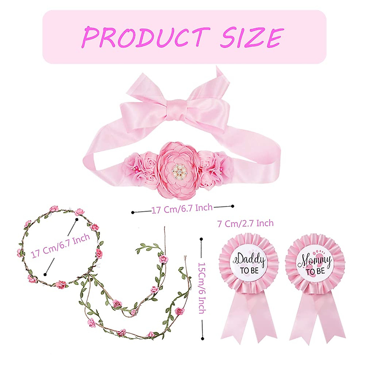 Baby Shower Sash Maternity Sash Mommy to Be & Daddy to Be Corsage Pink Flower Crown Pregnancy Sash Flower Belly Belt Baby Shower Kit Party Favors Baby Boy Pregnancy Photo Prop