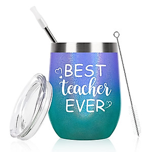 Qtencas Teacher Gifts, Best Teacher Ever Tumbler with Lid, Thank You Appreciation Gifts for Teacher Women on Birthday Christmas, 12 Oz Insulated Stainless Steel Wine Tumbler, Glitter