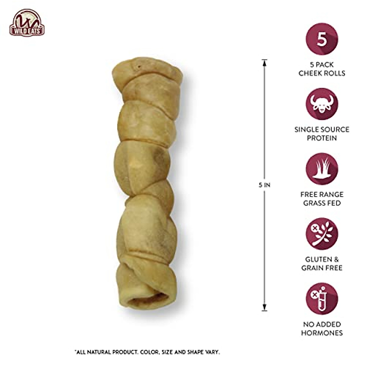 Wild Eats Water Buffalo Retriever Style Cheek Roll Dog Chews-5 Pack (Long Lasting Dog Chews, Dog Treats, Dog Bones for Aggressive Chewers & Dog Bones for Large Dogs) Great Substitute Pig Ears for Dogs