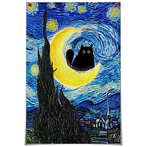 Van Gogh The Starry Night Cat Canvas Wall Art Famous Oil Paintings Black Cat Poster Funny Cat Floral Print Colorful Abstract Farmhouse Gallery Aesthetic Room Wall Decor for Bedroom 12x16in Unframed
