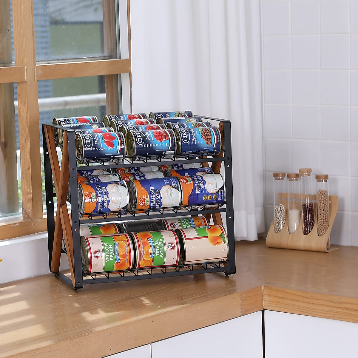 Stackable Can Rack Organizer, 3 Tier Stacking Can Storage Dispenser Wood Holder for Storing Canned Pantry Kitchen Cabinet or Countertop, for 36 Cans, Black