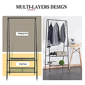 KAREZONINE Clothing Rack, Heavy Duty Clothes Rack Portable Garment Rack with 2-Tier Shelves, Double Rod Metal Coat Rack Freestanding with Bottom Shelves for Shoes Rack Organizer - Black