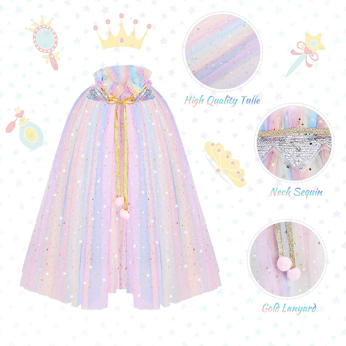 AOOWU Princess Cape for Girls, Colorful Princess Cloak with Crown, Princess Fancy Dress Up Sparkling Sequins Tulle Princess Cape Set for Birthday Party Cosplay (Rainbow, M)