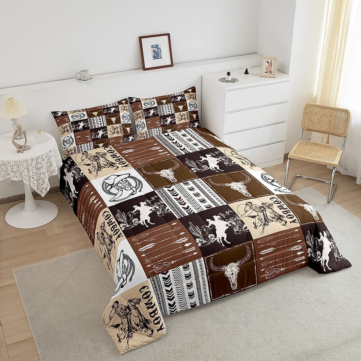 Manfei Western Cowboy Comforter Set Queen Size, Bull Skull Horse Arrow Print Quilt Set with 2 Pillowcases, Geometric Grid Brown Plaid Print Bedding Set 3pcs for Kids Boys Teens Bedroom Decor