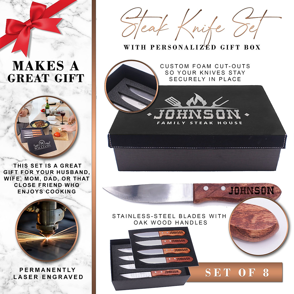 The Wedding Party Store Personalized Steak Knives Gift Set of 4, 6, 8 with Oak Wood Handles (Set of 8)