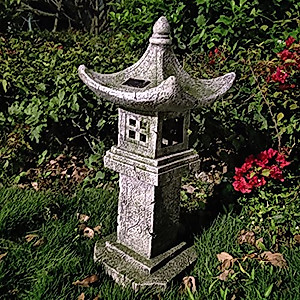 L-JTLYM Solar Lights Outdoor Garden Decor, LED Solar Powered Lighthouse, No Need to Connect, Pagoda Lantern Garden Statue, Hand-Carved, for Tabletop,Ground,Patio,Courtyard Decoration, Grey Finish