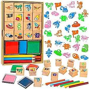 Zayvor Kids Stamps Set, Boy Wooden Rubber Stamp with Ink Pad Colored Pencil, Holiday Square Craft Stamp for Stamping Scrapbooking Crafting Booking Card Making Stocking Filler,Party Favor Gift