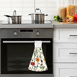 2pcs Spring Flowers Dragonfly Hanging Kitchen Towel Summer Botanical Leaves Floral Hand Towels Soft Coral Velvet Loop Dish Towel for Bathroom Washcloth Absorbent Tie Towel