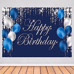 Happy Birthday Backdrop Navy Blue and Silver Happy Birthday Sign Blue Happy Birthday Banner Photo Studio Backdrop Birthday Party Supplies Photography Background for Favor Children Men Women 7x5ft