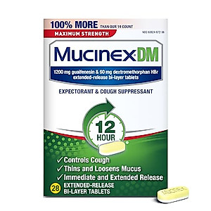 Mucinex DM 12Hr Maximum Strength Chest Congestion & Cough Medicine For Adults, Cold And Cough Medicine for Excess Mucus Relief, 1200 mg Guaifenesin & 60 mg Dextromethorphan HBr, 28 Bi-Layer Tablets