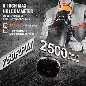 VEVOR Diamond Core Drilling Machine, 8in Wet&Dry Concrete Core Drill Rig with Stand, 750RPM Speed & 1-1/4" 5/8" Thread & Lifting Handle, 8in Drilling Diameter for Concrete Brick Block Stone, 2500W