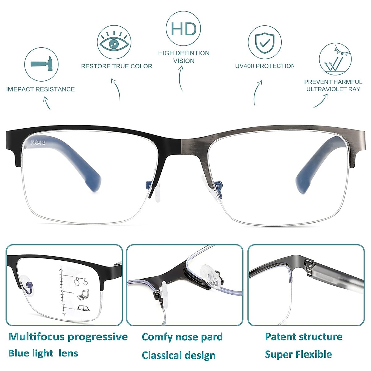 Multifocus Reading Glasses Men Progressive Multifocal Blue Light Computer Reader Half Frame Metal Extra Wide Eyeglasses No Line Bifocals Large Designer Cheaters Transition Square Eyewear 2packs 1.50