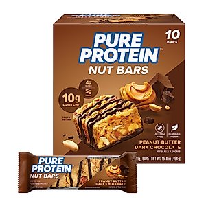 Pure Protein Nut Bars, Peanut Butter Dark Chocolate, 10g Protein, Gluten Free, Low Sugar, 1.65 oz, 10 Pack (Packaging may vary)