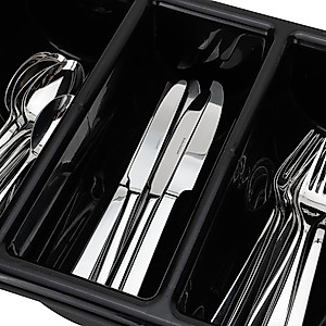 RW Clean 21.9 x 14.2 x 3.5 Inch Silverware Organizer, 1 Crack-Resistant Cutlery Tray - 4 Compartments, Built-In Handles, Black Plastic Utensils Drawer Holder, Wrap-Resistant, For Kitchen Organization