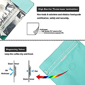 50 Count 16 Ounce Tiffany Blue Kraft Paper Coffee Bags with Air Release Valve, High Barrier Coffee Pouches for Home, Store, Flat Bottom (50pcs/16oz, 1lb, 500g)