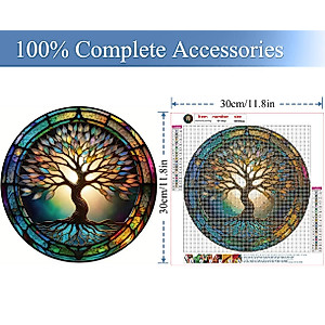 JFYHAB 5D Diamond Painting Kits Life of Tree Stained Glass DIY Diamond Full Round Drill Diamond Art Painting for Adults Tree Diamond Painting Full Drill Crystal Craft Kit for Wall Decor 12x12in