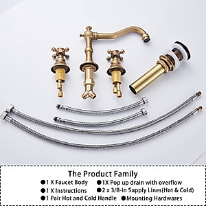 GGStudy 8 inch 2 Handles 3 Holes Widespread Bathroom Sink Faucet Antique Brass Bathroom Vanity Faucet Basin Mixer Tap Faucet Matching Metal Pop Up Drain with Overflow
