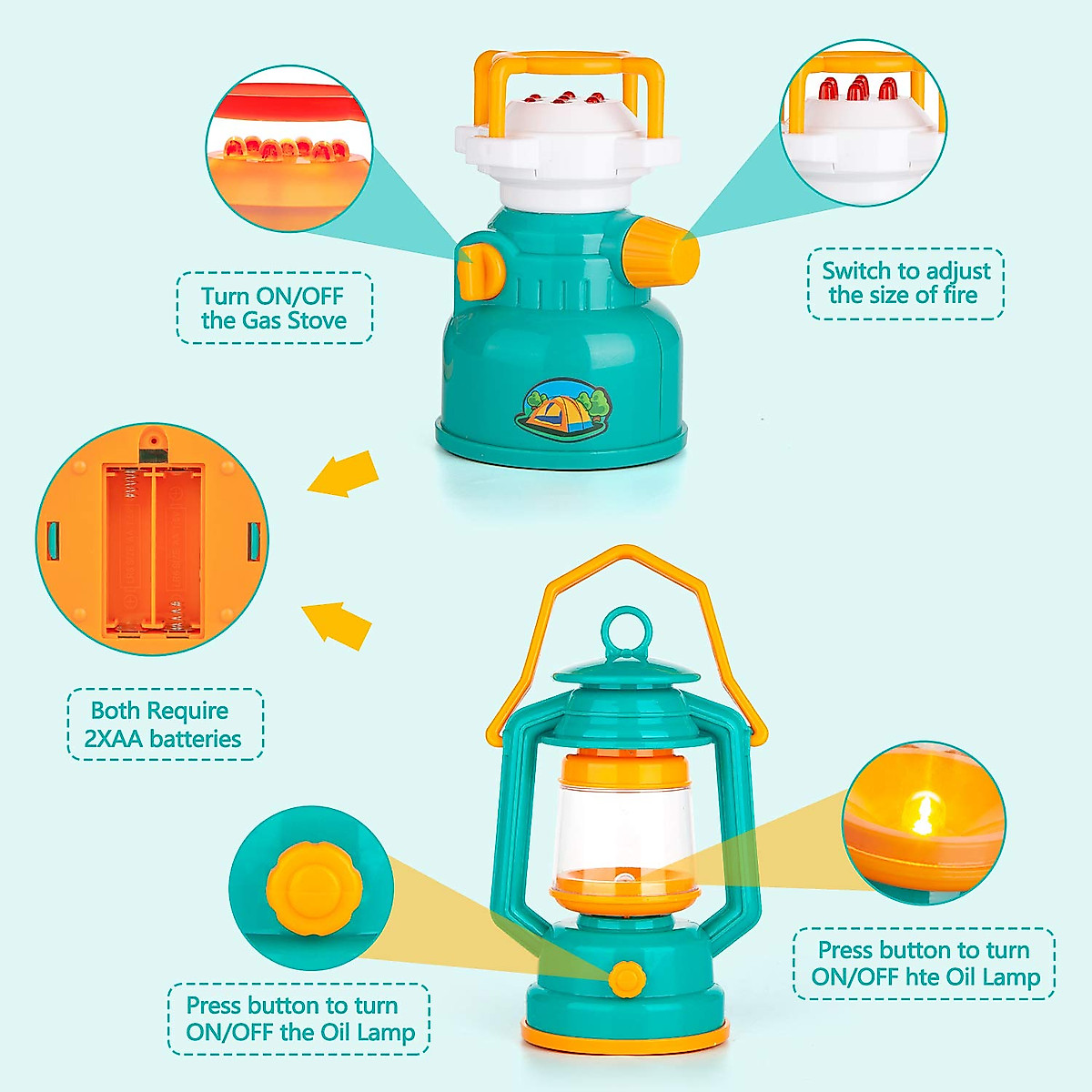 Aokiwo 45Pcs Kids Camping Tent Set, Pop Up Play Tent with Camping Gear Tools Indoor Outdoor Pretend Play Set for Toddler Boys/Girls - Including Telescope, Walkie Talkie, Camping Tent, Stove, and etc