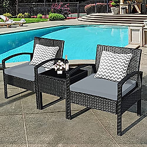 Tangkula 3 Piece Patio Conversation Set, Outdoor Rattan Sofa Set with Seat Cushions & Coffee Table, Patio Wicker Furniture Set for Garden Balcony Backyard Poolside (Grey)