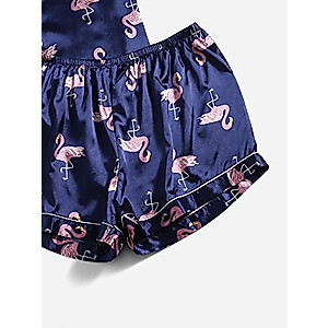 WDIRARA Women's Plus Size Satin Pajama Set Short Sleeve Button Down Pajamas Shirt and Short Sleepwear Navy Blue 4XL