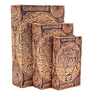 Bellaa 28052 Decorative Book Box Globe Boho Farmhouse Cottage Country Home Decor Old World Map Antiques Vintage Retro Invisible Secret Storage Faux Leather Wood Magnetic Brown Set of 3
