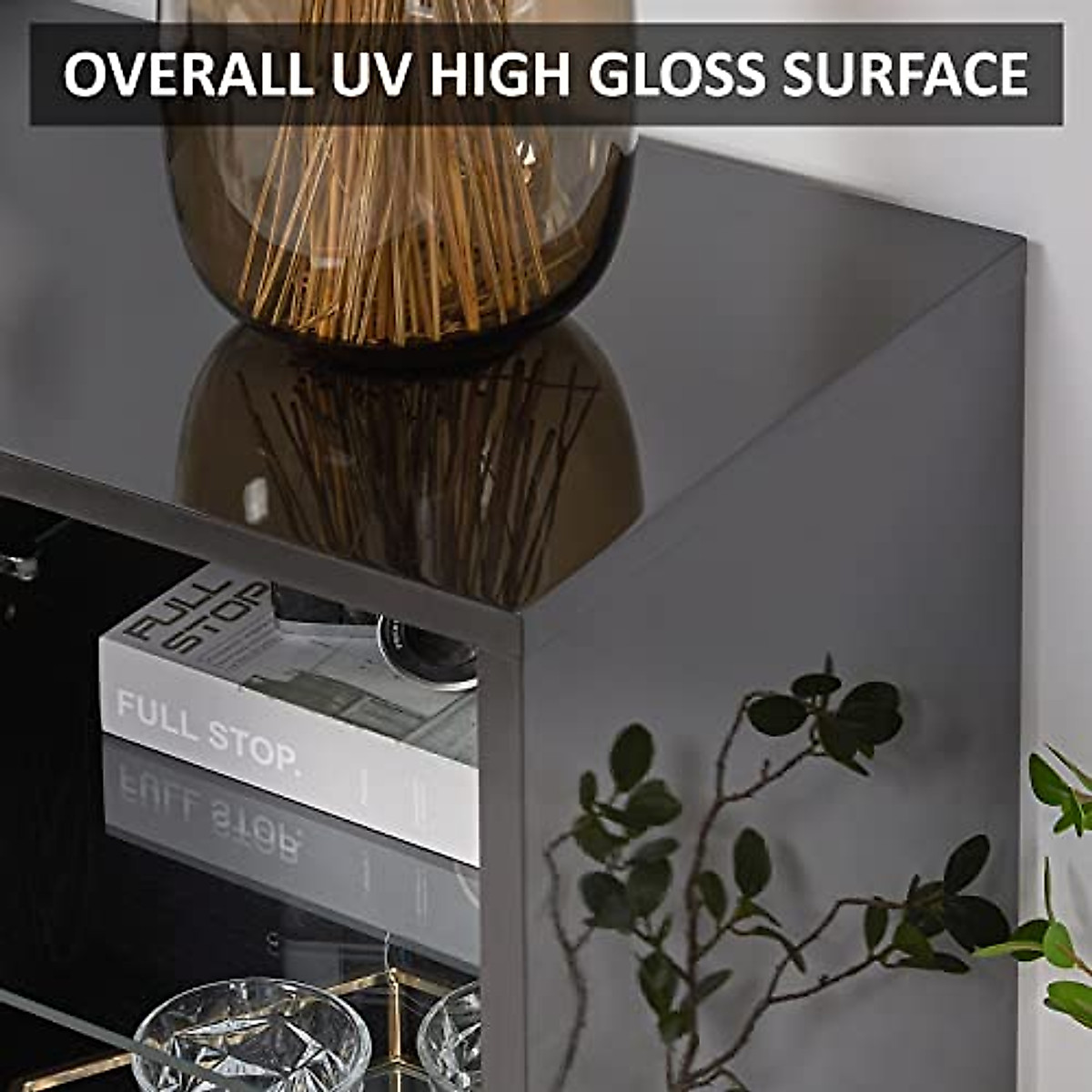 AMERLIFE 68" TV Stand with 40" Electric Fireplace, Modern High Gloss Media Entertainment Center with LED Lights for TVs up to 78", TV Console Cabinet with Glass Shelves Lower Storage, Black