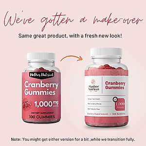 Mother Nutrient - Cranberry Gummies for Women & Kids, Kids Cranberry Gummies - Less Tart & 90% Less Sweet, Gluten-Free, Non-GMO, Vegan - 1,000mg Pure Cranberry Extract - 100 Count, 50-Day Supply