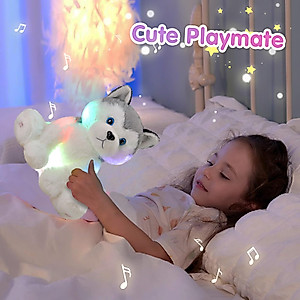 Houwsbaby 12'' Gray Light Up Musical Stuffed Animal Husky Singing LED Dog Glowing Plush Toy Lullaby Animated Soothe Birthday Festival Present for Kids Toddler Girls