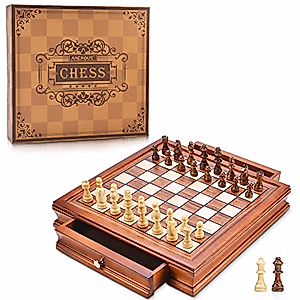 AMEROUS 12.8'' Magnetic Wooden Chess Set / 2 Built-in Storage Drawers / 2 Extra Queen/Gift Package/Chess Rules/Classics Strategy Board Games Chess Sets for Kids and Adults