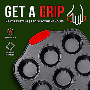 Baking Set – 8 Piece Kitchen Oven Bakeware Set – Deluxe Non-Stick Black Coating Inside and Outside – Carbon Steel – Red Silicone Handles – PFOA PFOS and PTFE Free by Bakken