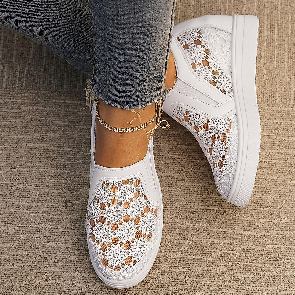 ZSpzx Women's Platform Sneakers Hidden Wedge Sneakers Fashion Floral Lace Mehs Slip On Thick Bottom Tennis Shoes Round Toe Classic Leather Wedge Heeled Sneaker Memory Foam Cushion Walking Shoes