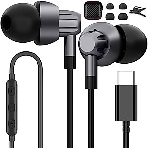 USB C Headphones for Samsung S24 S23 Ultra S22 S21 FE S20 A54 A53 Note 20 10+ Wired Earbuds Noise Canceling in-Ear Type C Earphone with Microphone Stereo Bass for iPhone 15 16 Pixel 8 7 6, Metal-Grey