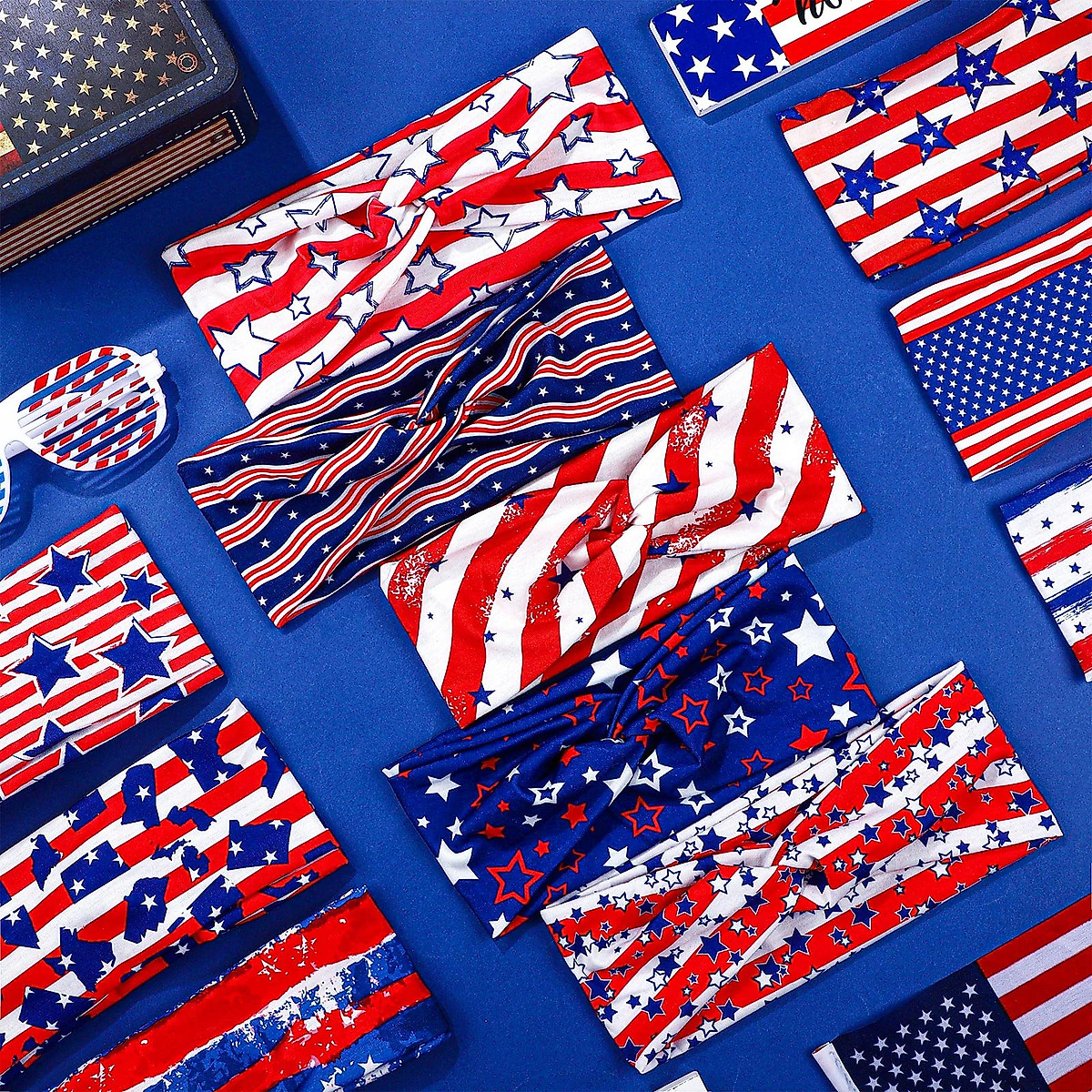 Unittype 20 Pcs Headband for Women Twisted Hair Band Bandanas Stretchy Athletic Headband Knot Unisex Wide Head Wraps for Women Yoga Running Exercise(US Flag)