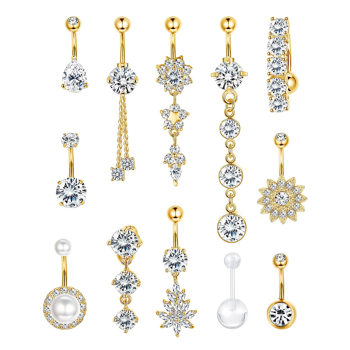 FIBO STEEL 14G Belly Button Rings Dangle 316L Stainless Steel Belly Rings for Women Navel Piercing Jewelry 12 Pcs Gold