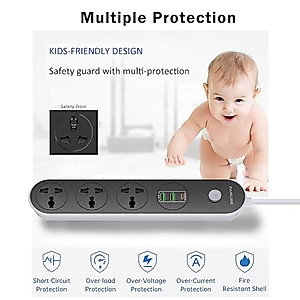 Fanlide Power Strip with USB Ports, 6ft Power Cord, 2500W Circuit Breaker, 3 Outlets 3 Quick USB (5V 3.1A) Charging Station, Child Safe Door, for Cruise Ship,Dorm Room Multi Plug Extender