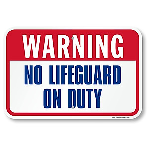 SmartSign 12 x 18 inch “Warning - No Lifeguard On Duty” Metal Sign with Symbols, 63 mil Laminated Rustproof Aluminum, Blue/Red on White