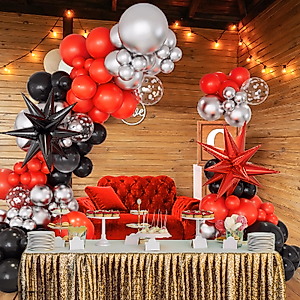 Red and Black Balloon Garland Arch Kit, 146pcs Red Black and Metallic Silver Balloons with Red and Black Exploding Star Foil Balloons for Graduation Birthday Party Decorations