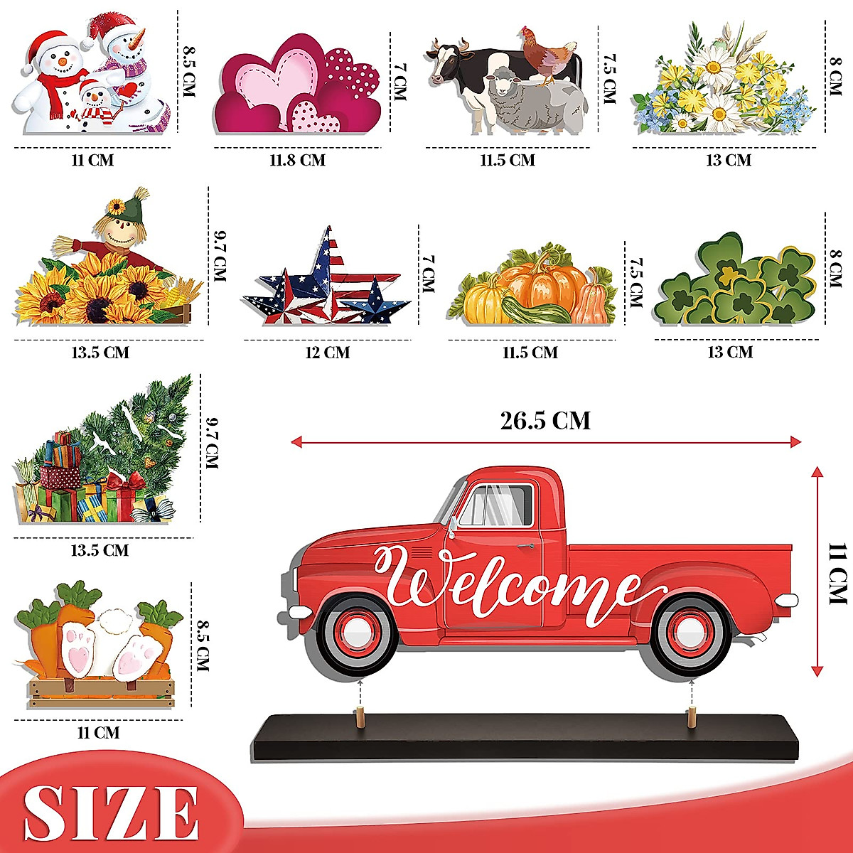 Christmas Interchangeable Garden Truck Stake Set with Seasonal Sign Loads Welcome Sign Festival Welcome Sign with 10 Seasonal Ornament for Holiday Spring Fall Summer Easter Home Decorations