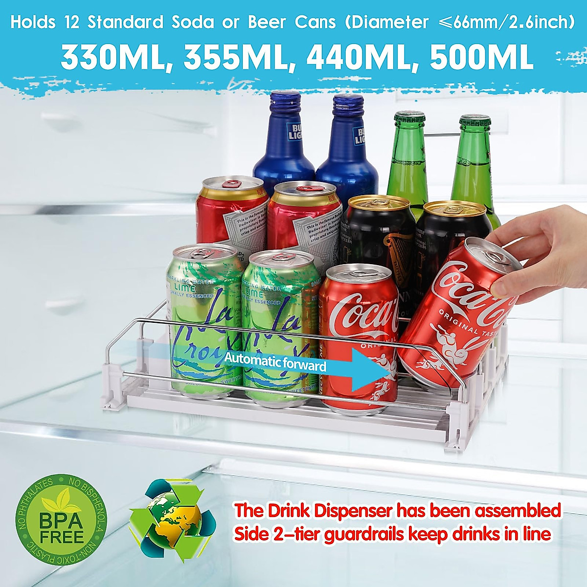 BingoHive Automatic Soda Can Organizer for Refrigerator Can Dispenser for Beer Soda Seltzer Drink Pop Can Holder Self-Pushing Drink Organizer for Fridge Storage 12 cans of 11.15oz 12oz 16oz 16.9oz