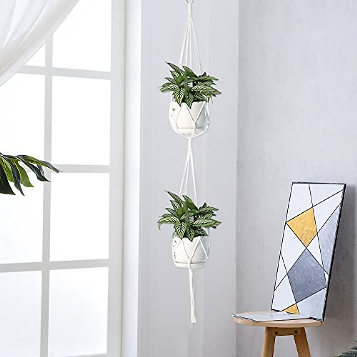 SNUGBERI 6 Pack Macrame Plant Hangers Indoor Outdoor Hanging Planter Basket Handmade Cotton Rope Flower Pot Holder Haning Plant Holder for Indoor Outdoor Boho & Home Decor (White)
